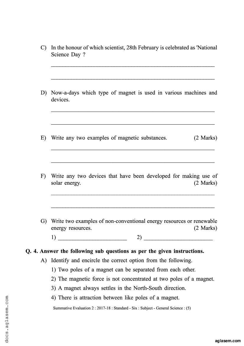 Class 6 Science Sample Paper 2024 Maharashtra Board PDF Maha Std