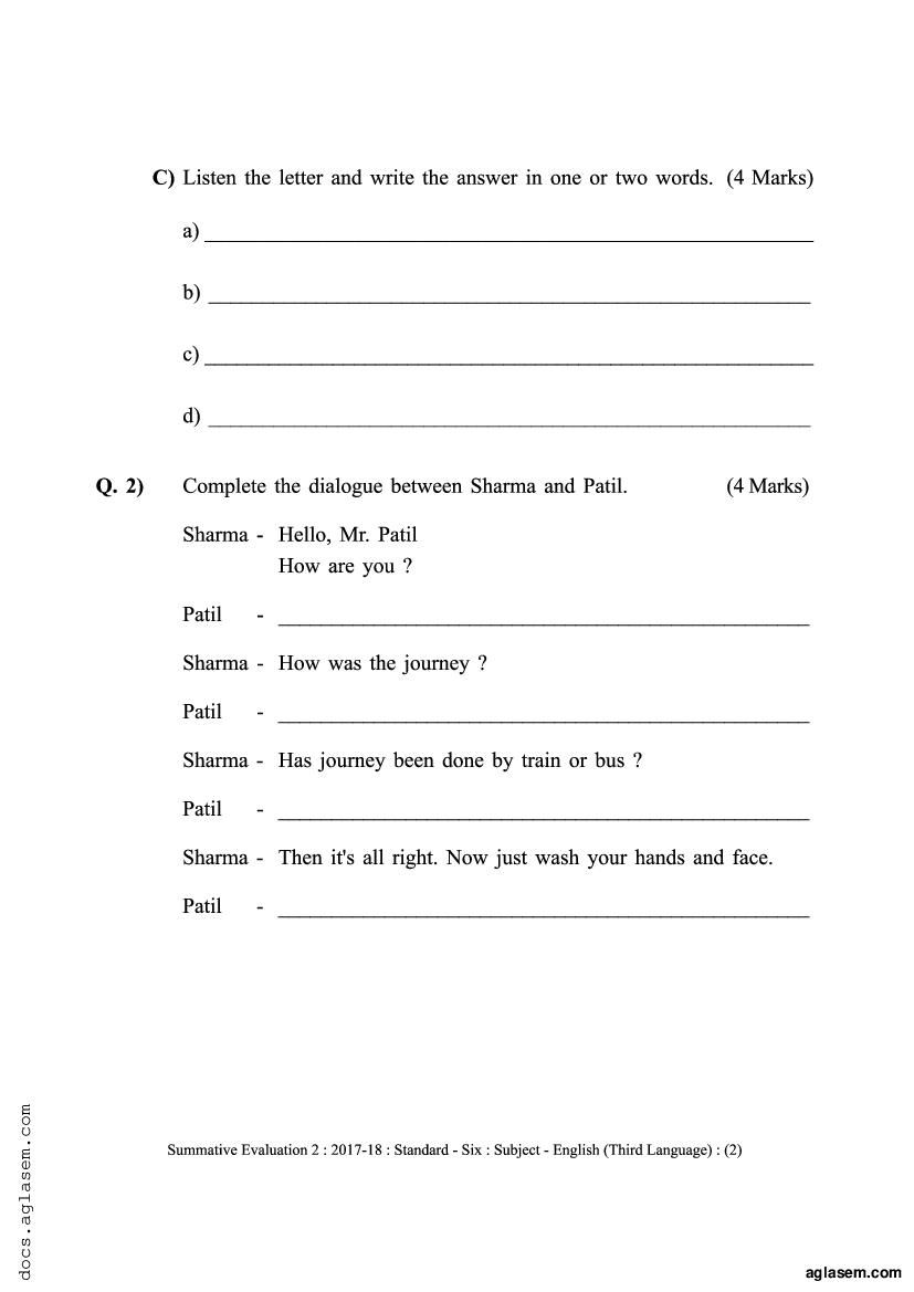 Class 6 English Sample Paper 2023 Maharashtra Board PDF Maha Std