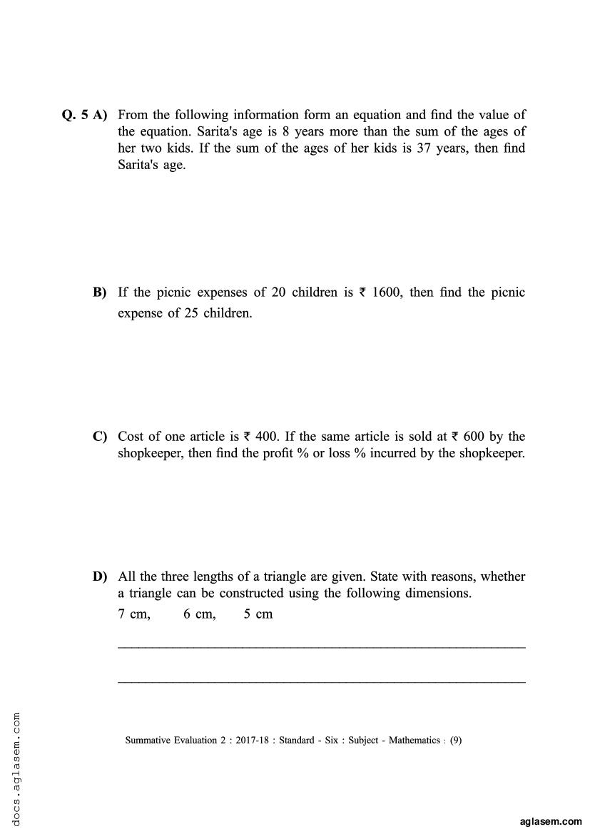 Class 6 Maths Sample Paper 2024 Maharashtra Board PDF Maha Std 6th Class 6 Maths Sample Paper 2024 Maharashtra Board PDF Maha Std 6th