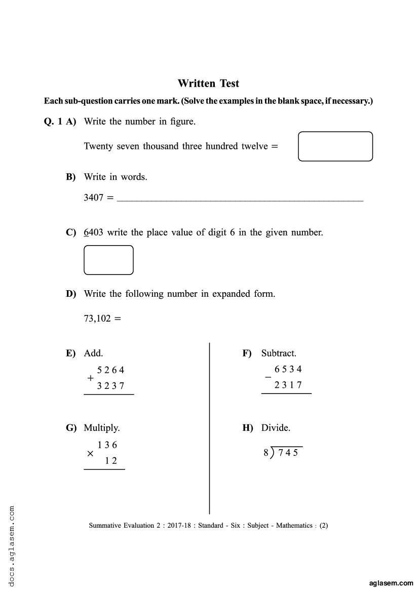Class 6 Maths Sample Paper 2024 Maharashtra Board PDF Maha Std 6th Class 6 Maths Sample Paper 2024 Maharashtra Board PDF Maha Std 6th