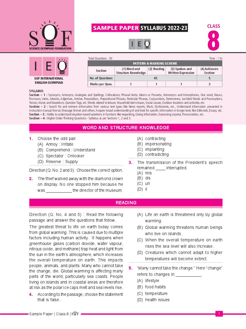 SOF IEO Sample Paper 2023 Class 8