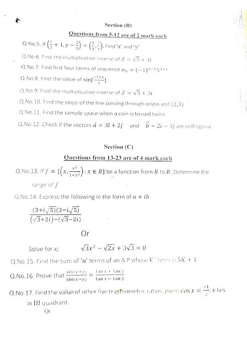 JKBOSE Class 11th Model ion Paper 2023 For Applied Maths JK