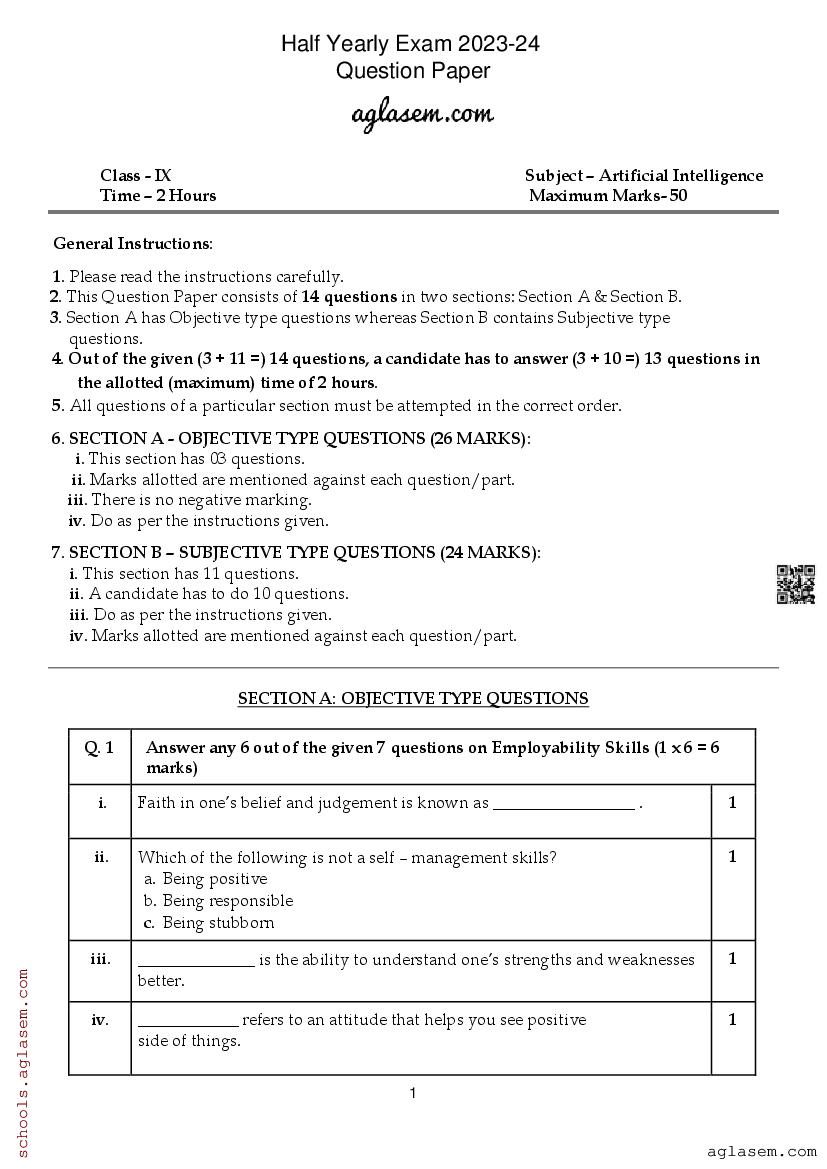 Class 9 Artificial Intelligence Half Yearly Question Paper 2024 ...