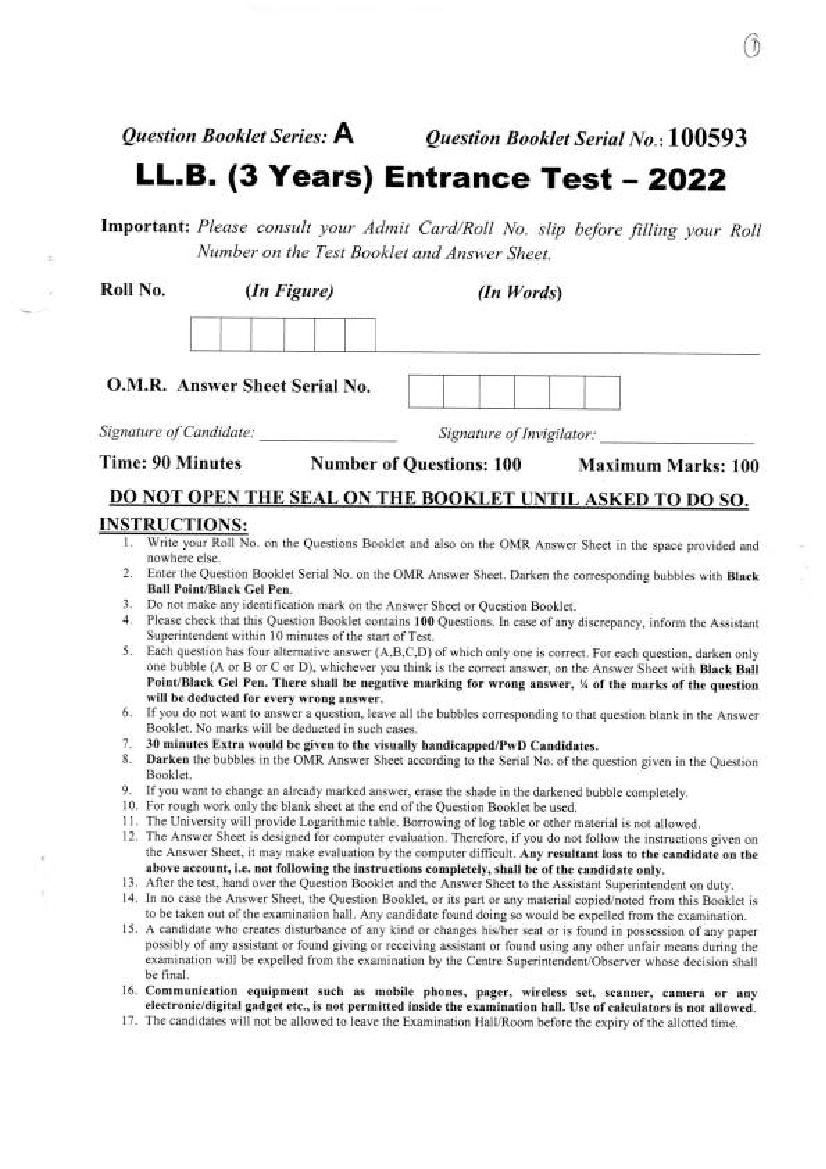 PU LLB Entrance Exam 2022 Question Paper PU LLB Entrance Exam 2022 Question Paper