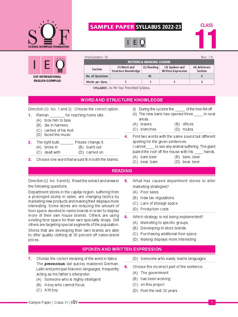 SOF IEO Sample Paper 2023 Class 11