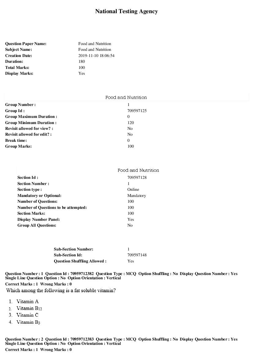 SWAYAM 2019 Question Paper Food and Nutrition