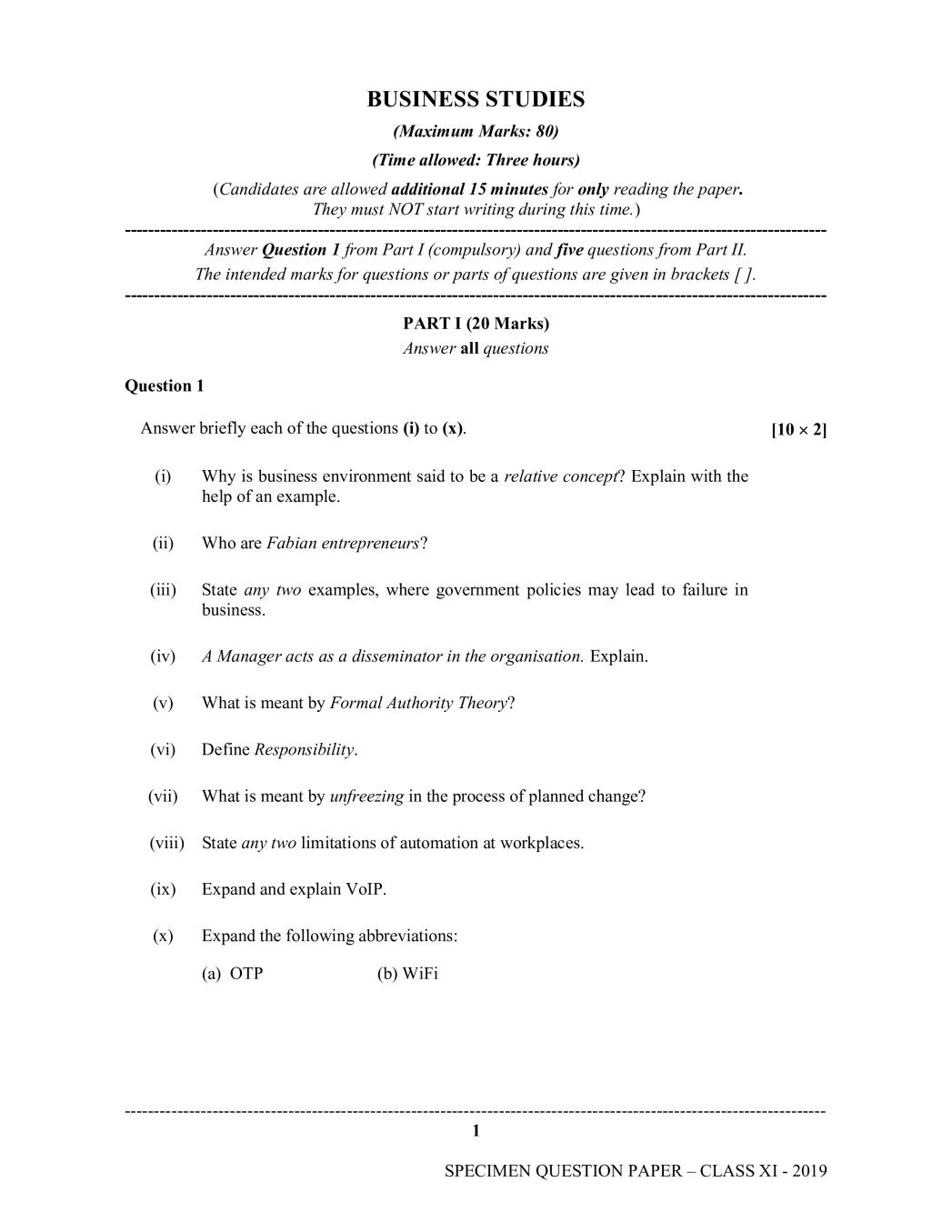 ISC Class 11 Specimen Paper 2019 For Business Studies