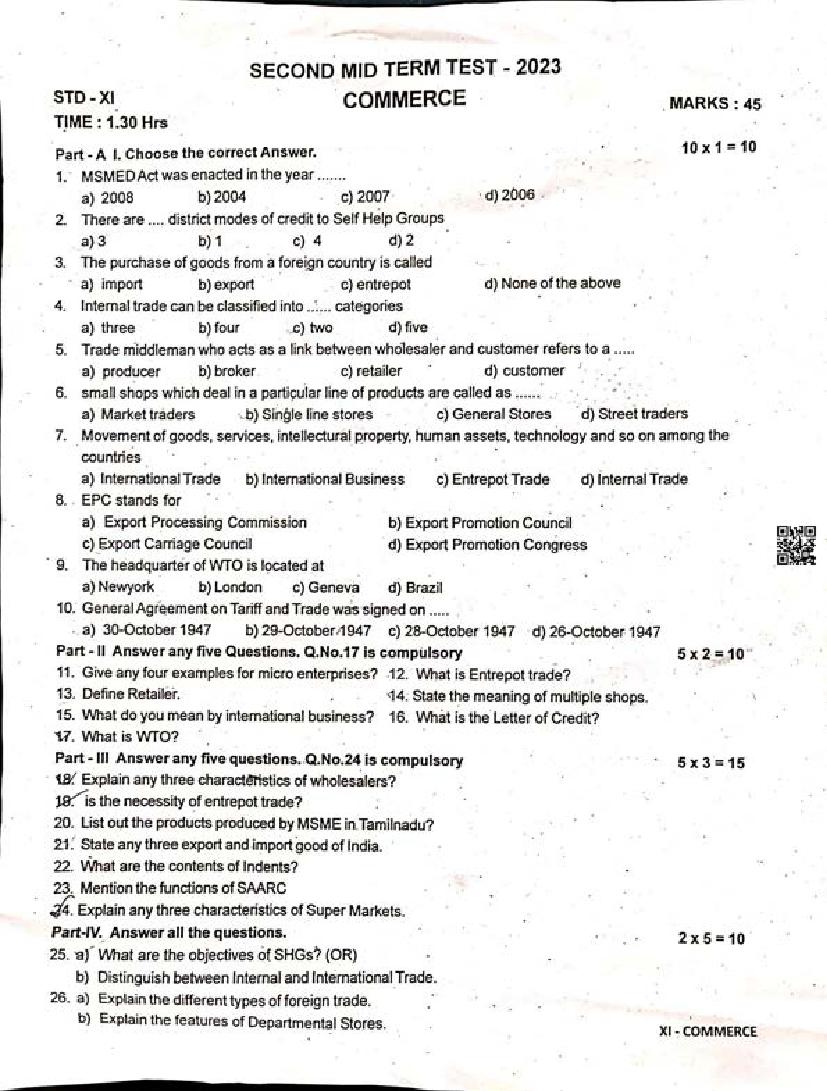 TN 11th Commerce Second Mid Term Question Paper 2024 | 2nd Mid Term PYQP Download PDF - AglaSem