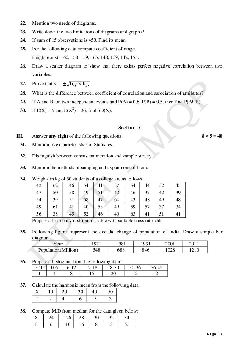 Karnataka 1st PUC Model Question Paper for Statistics 2022
