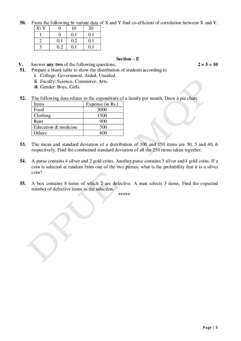 Karnataka 1st PUC Model Question Paper for Statistics 2022
