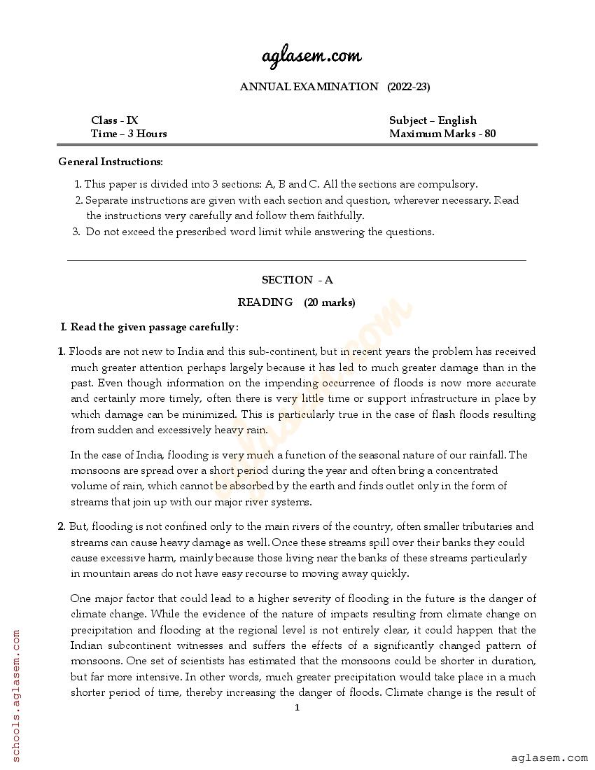 Class 9 English Question Paper 2023 PDF 9th Annual Exam English