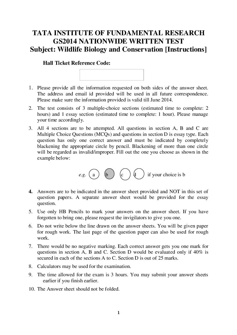 TIFR GS 2014 Question Paper Biology M.Sc Wildlife and Conservation