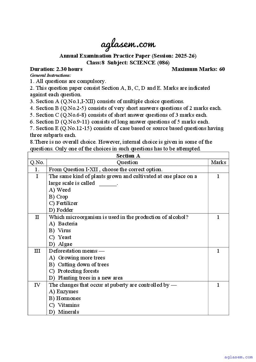 Class 8 Science Sample Paper 2026 PDF - Download Science Model Question ...