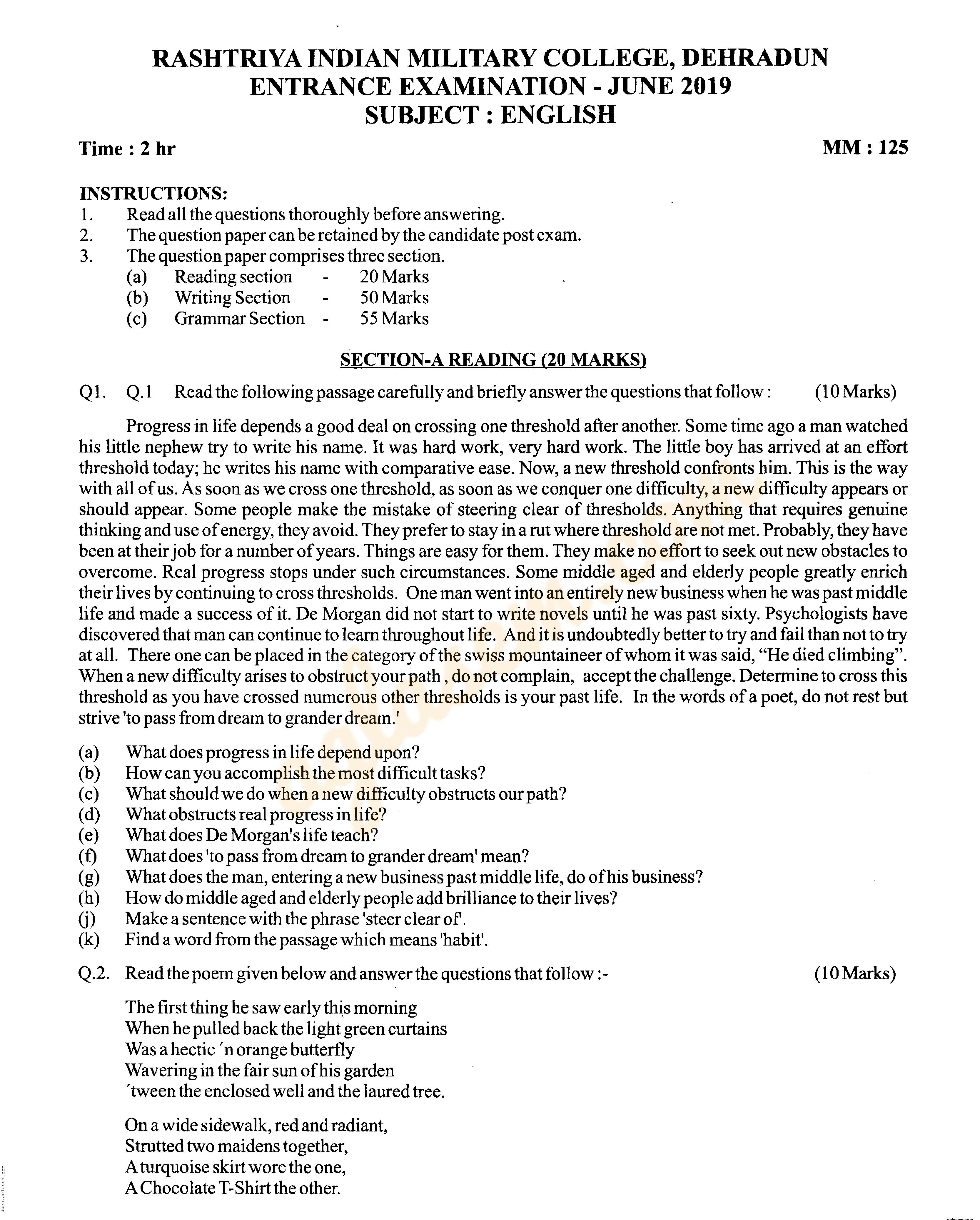 RIMC Question Paper June 2019 PDF Maths GK English