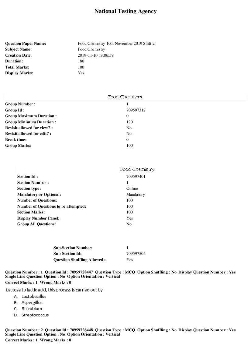 SWAYAM 2019 Question Paper Food Chemistry