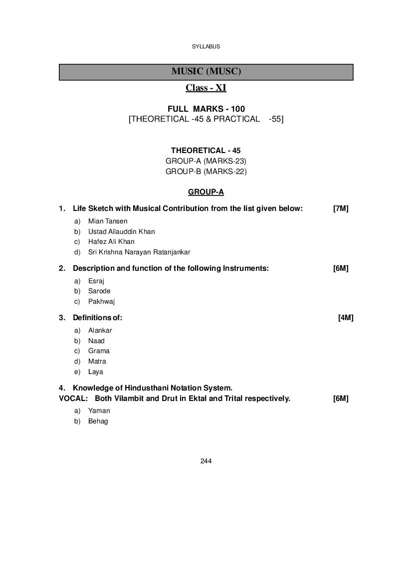 WBCHSE Class 11 Music Syllabus 2024 PDF West Bengal Board Class 11