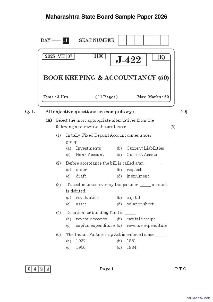 Class 12 Book Keeping and Accountancy Sample Paper 2026 Maharashtra ...