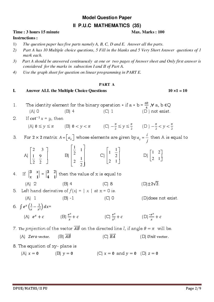 Karnataka 2nd PUC Maths Model Question Paper 2023 PDF Karnataka 2nd PUC Maths Model Question Paper 2023 PDF