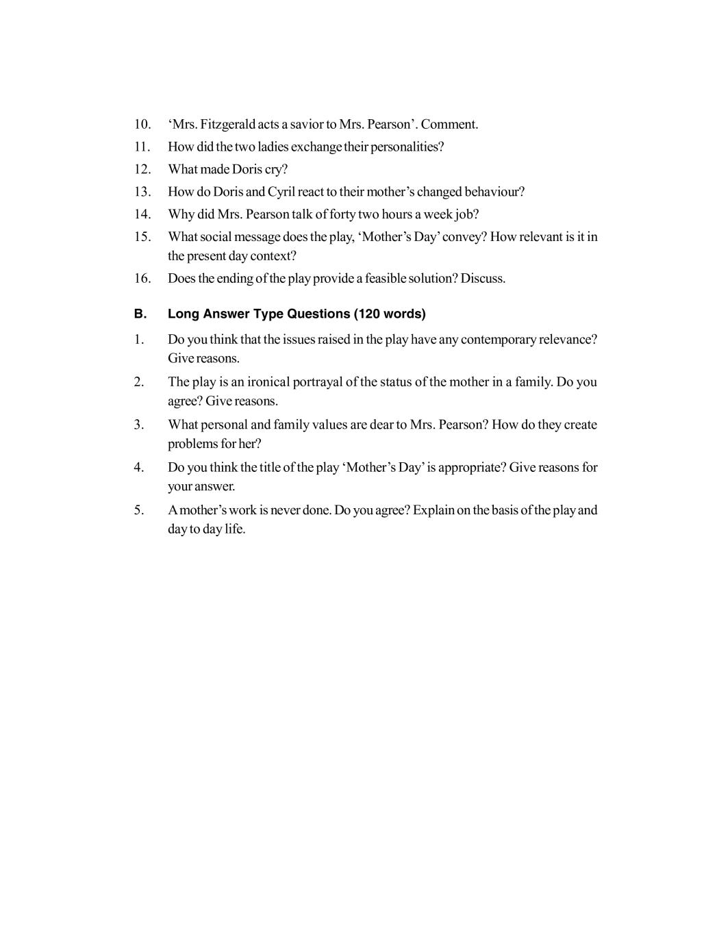 Class 11 English Mother s Day Notes Important Questions Practice Paper