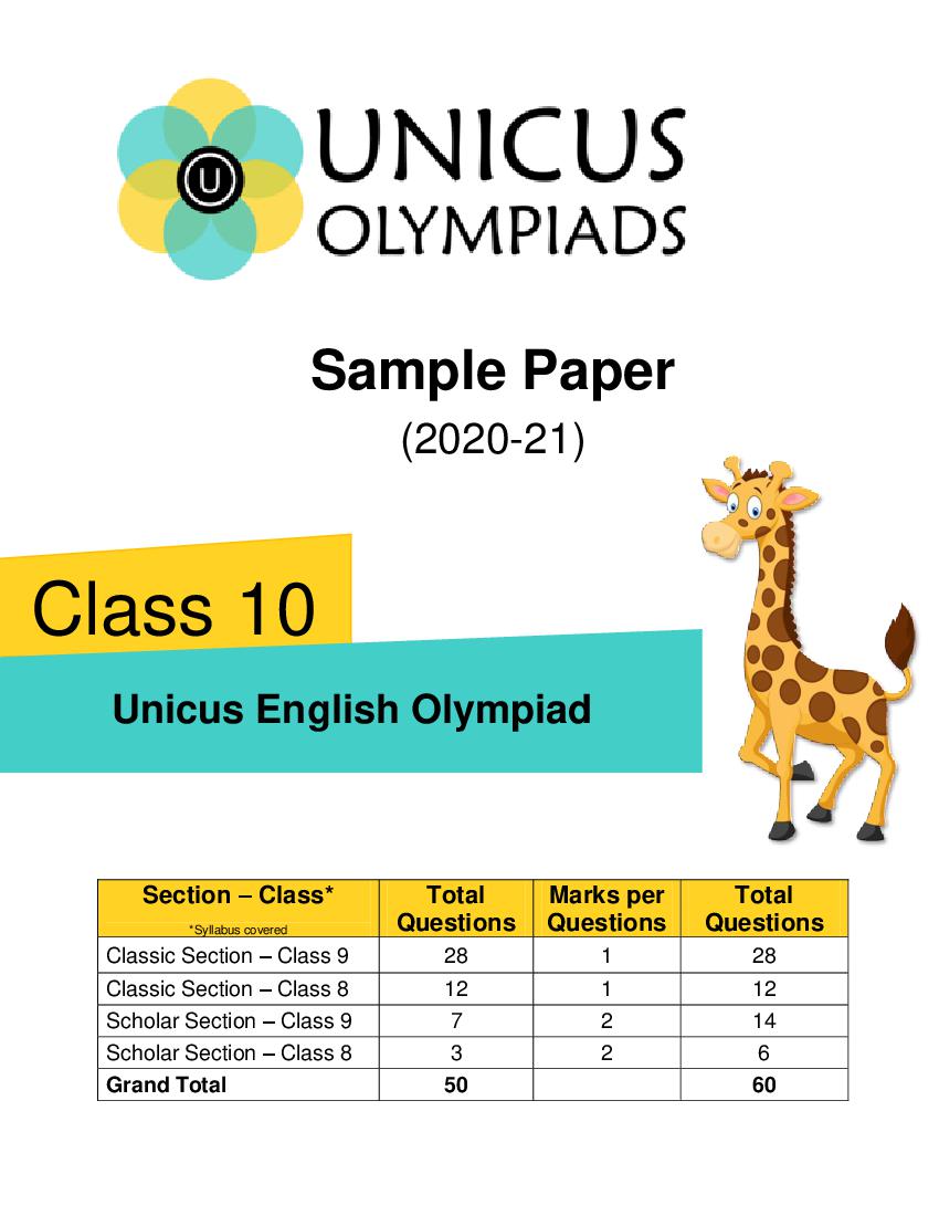 Unicus English Olympiad (UEO) Class 10 Sample Paper