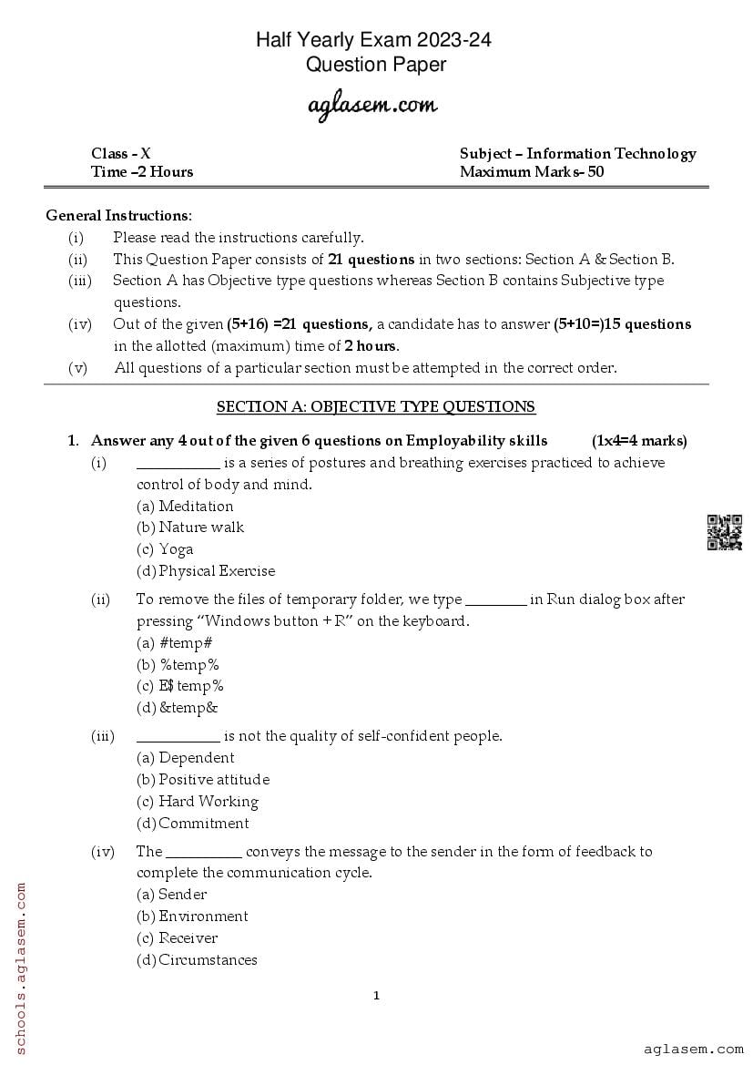 Class 10 Information Technology Half Yearly Question Paper 2024 ...