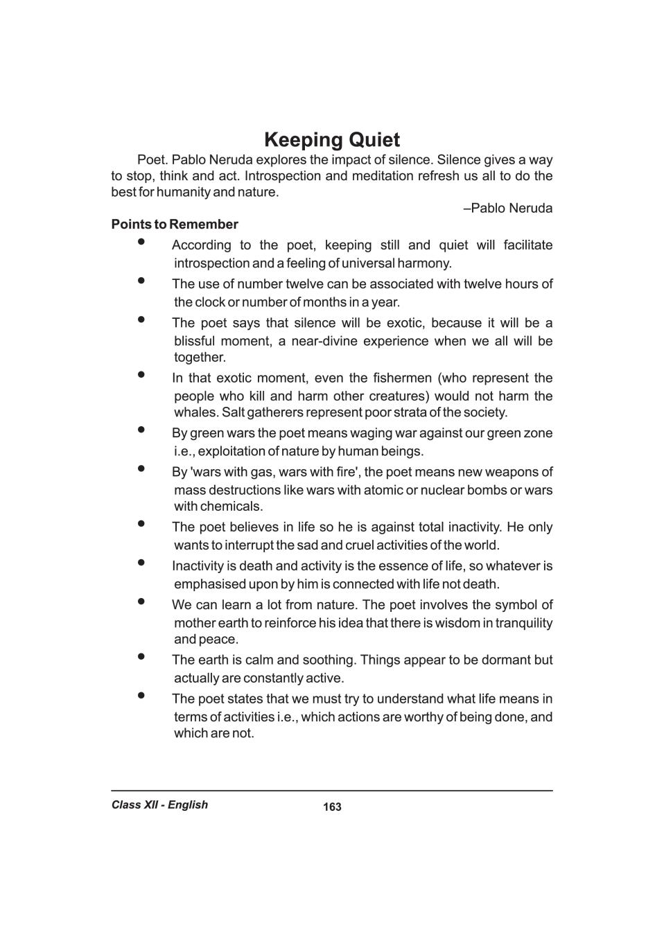 CLASSNOTES Class 12 English Keeping Quiet Notes