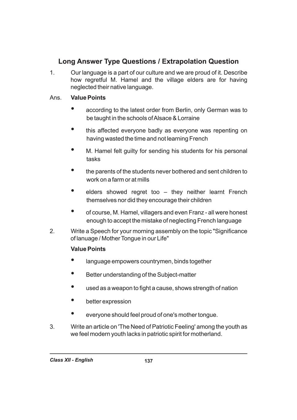 Class 12 English The Last Lesson Notes Important Question Practice Paper