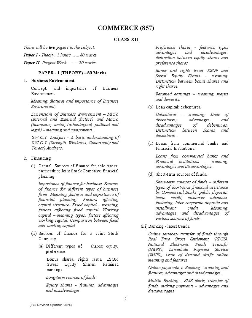 ISC Commerce Syllabus 2024 PDF CISCE Class 12 11 Syllabus Commerce