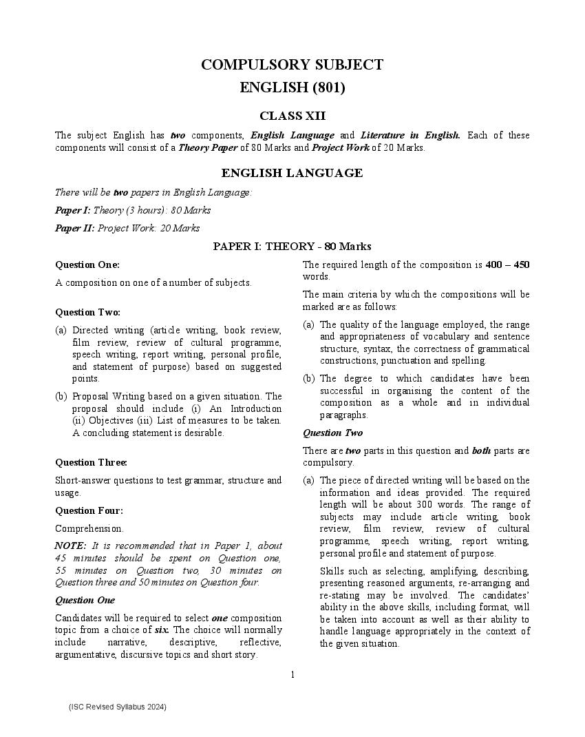 ISC English Syllabus 2024 PDF CISCE Class 12 11 Syllabus English