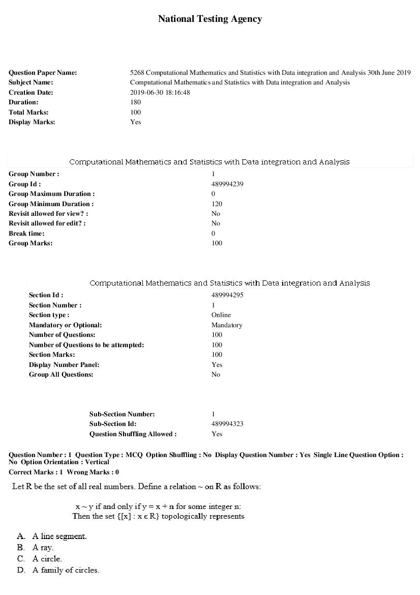 ARPIT 2019 Question Paper for Computational Mathematics ans Statistics ...