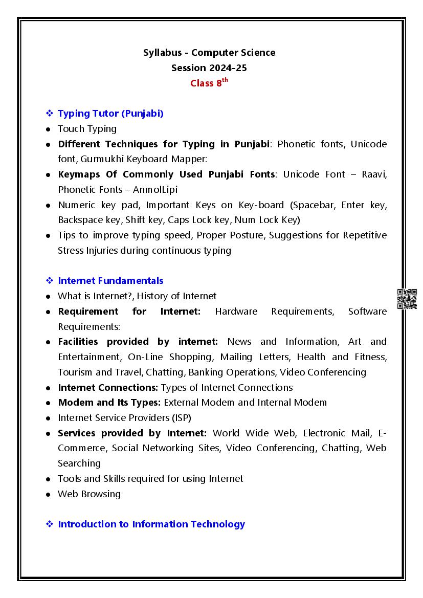 PSEB Class 8th Computer Science Syllabus 2025 | Download latest Punjab ...
