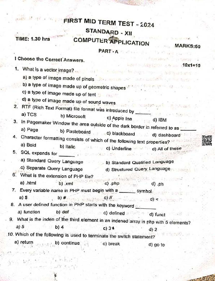 TN 12th Computer Application First Mid Term Question Paper 2024 | 1st Mid Term PYQP Download PDF ...