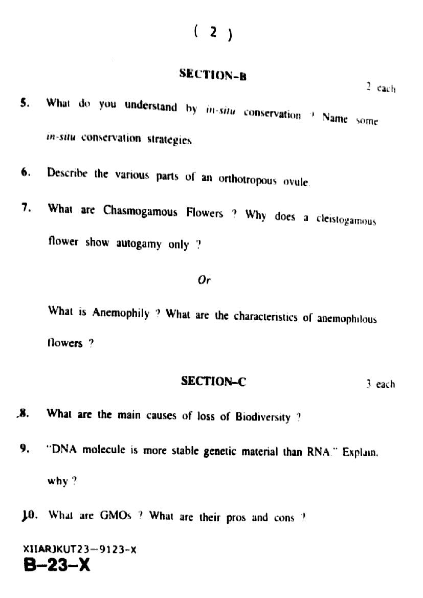 JKBOSE Class 12th Biology (Botany) Question Paper (PDF) - AglaSem