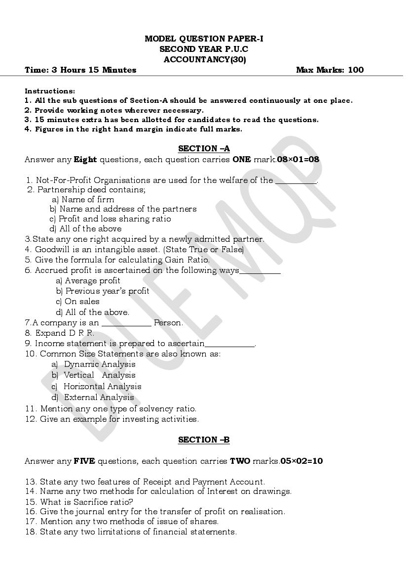 Karnataka 2nd PUC Model Question Paper For Accountancy 2022 Karnataka 2nd PUC Model Question Paper For Accountancy 2022