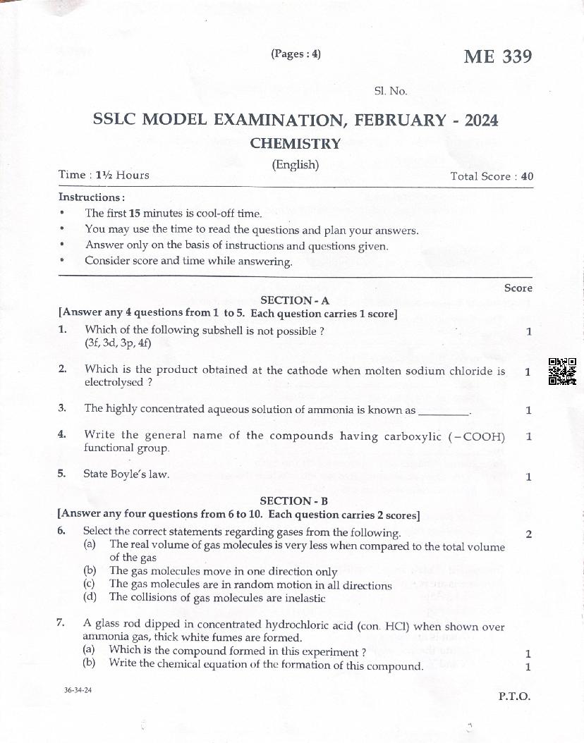 Kerala SSLC Chemistry Model Exam Question Paper 2025 (PDF) - Download KBPE Class 10 Model Exam ...