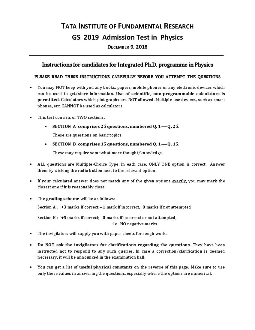 TIFR GS 2019 Question Paper Physics Science IPHD