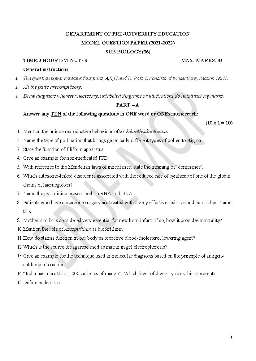 Karnataka 2nd PUC Model Question Paper 2022 For Biology English Medium Karnataka 2nd PUC Model Question Paper 2022 For Biology English Medium