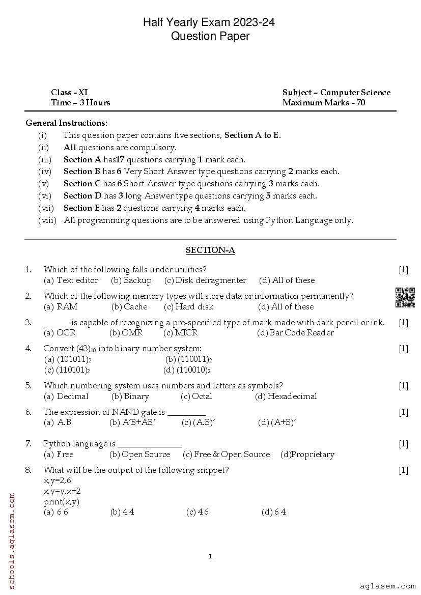 Class 11 Computer Science Half Yearly Question Paper 2024 | Download 11th Half Yearly Computer ...
