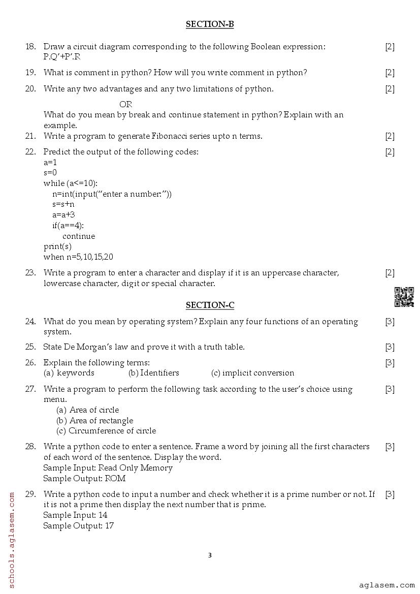 Class 11 Computer Science Half Yearly Question Paper 2024 | Download ...