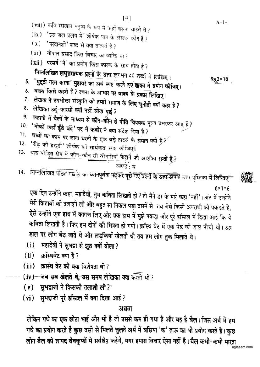 Rajasthan Board Class 9 Hindi A Question Paper 2024 PDF - Download RBSE 9th Papers - AglaSem