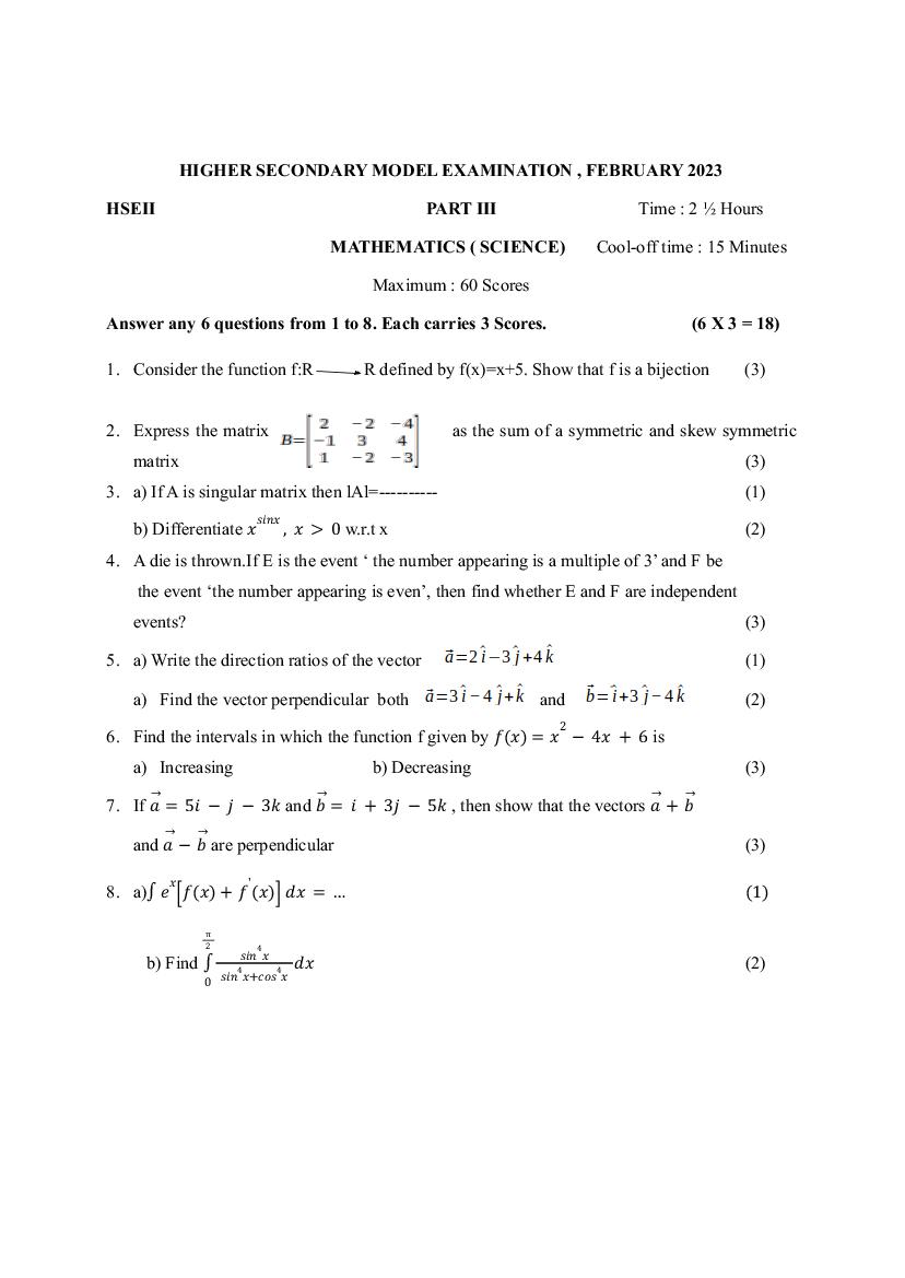 Kerala Plus Two Maths Science Model Paper 2024 PDF Kerala Plus Two Maths Science Model Paper 2024 PDF