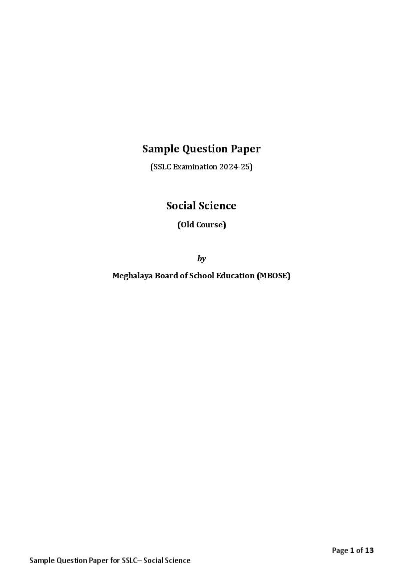 MBOSE SSLC Social Science Sample Question Paper 2025 (PDF) - Meghalaya ...