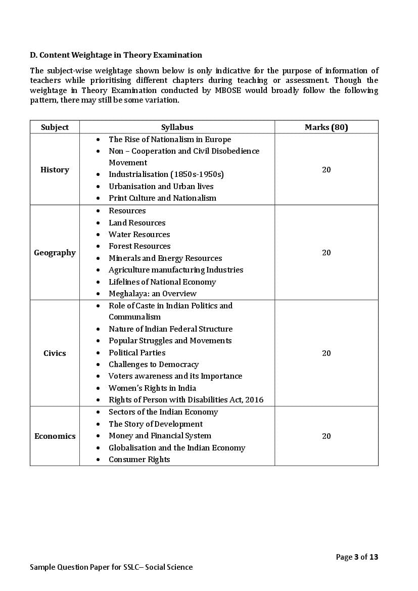 MBOSE SSLC Social Science Sample Question Paper 2025 (PDF) - Meghalaya ...