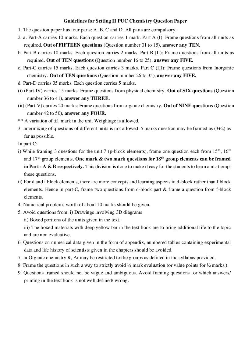 Karnataka 2nd PUC Model Question Paper for Chemistry 2022