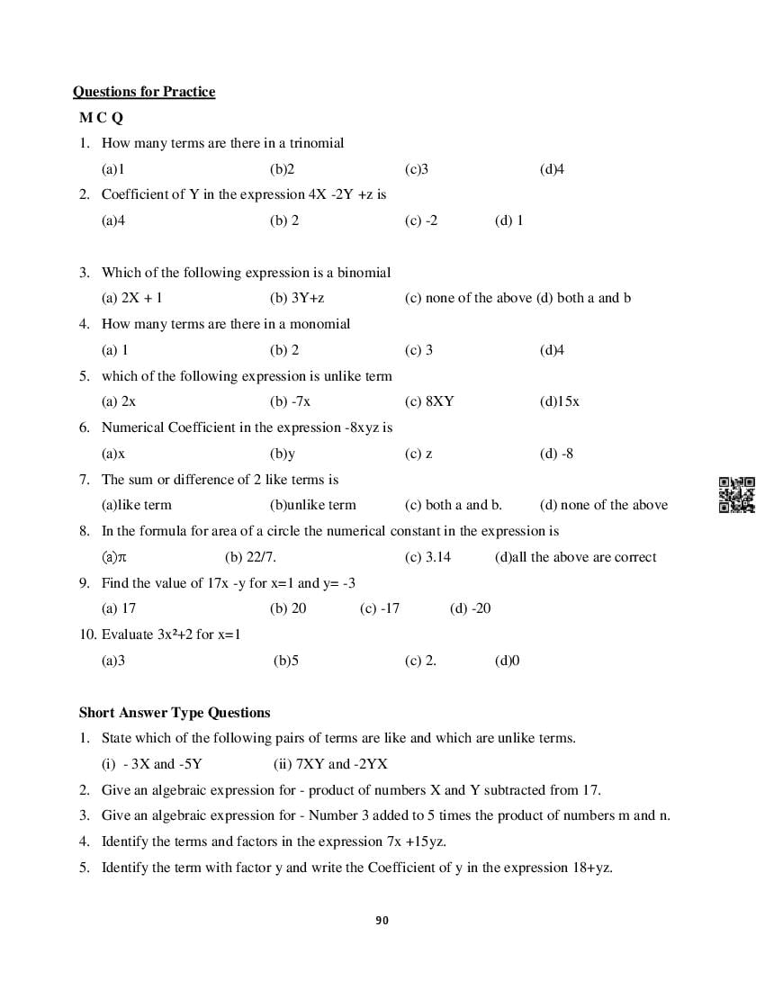 Class 7 Maths Notes for Algebraic Expressions (PDF) - Study Material ...