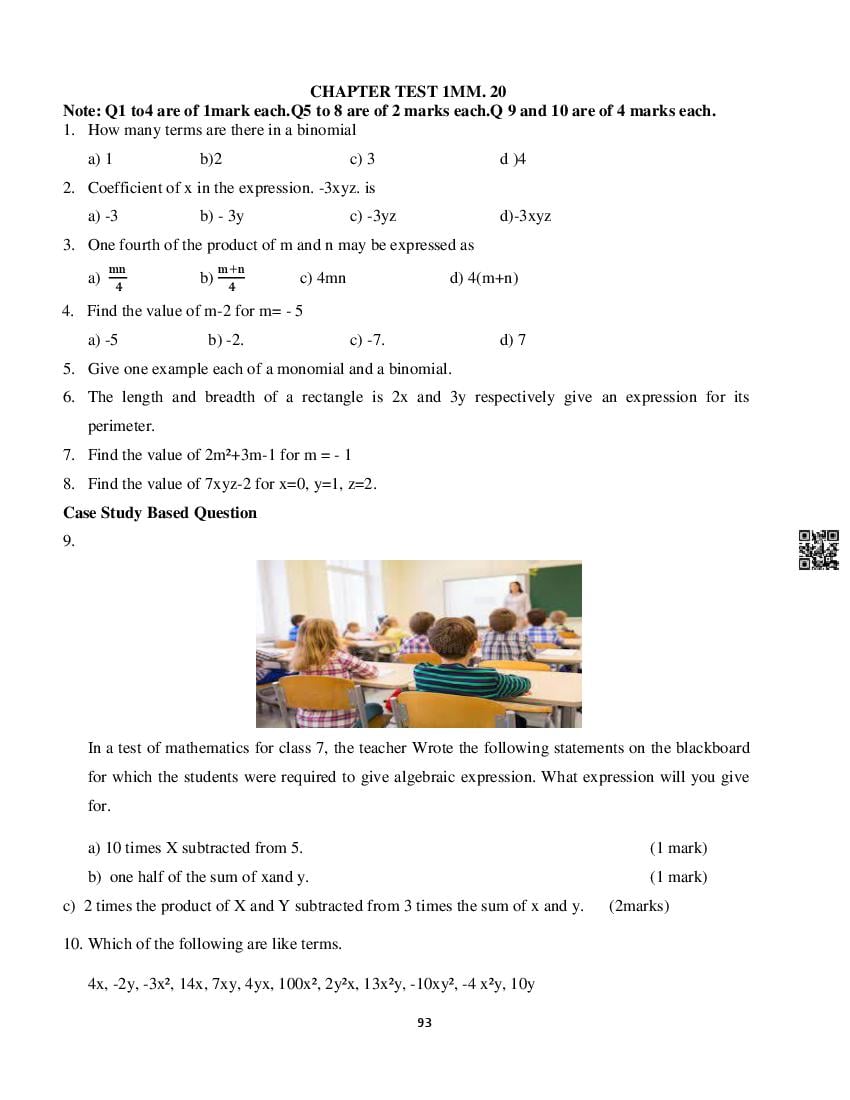 Class 7 Maths Notes for Algebraic Expressions (PDF) - Study Material ...