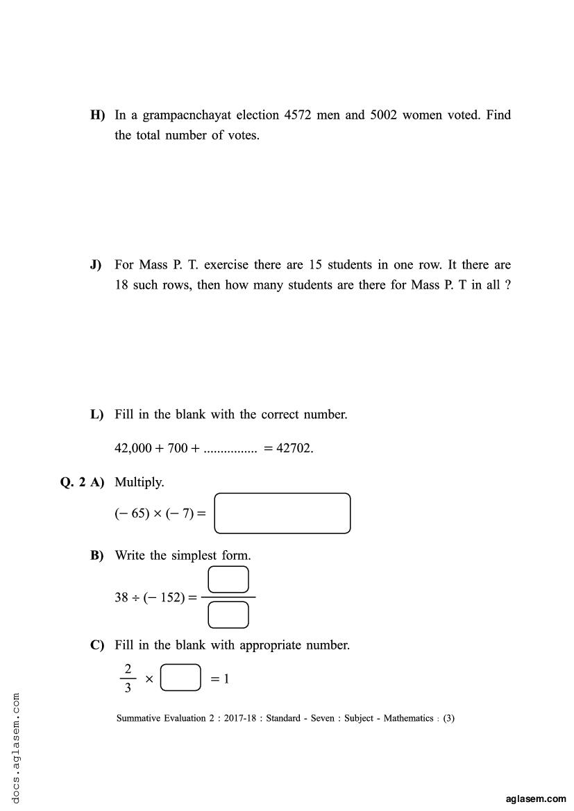 Class 7 Maths Sample Paper 2024 Maharashtra Board PDF Maha Std 7th