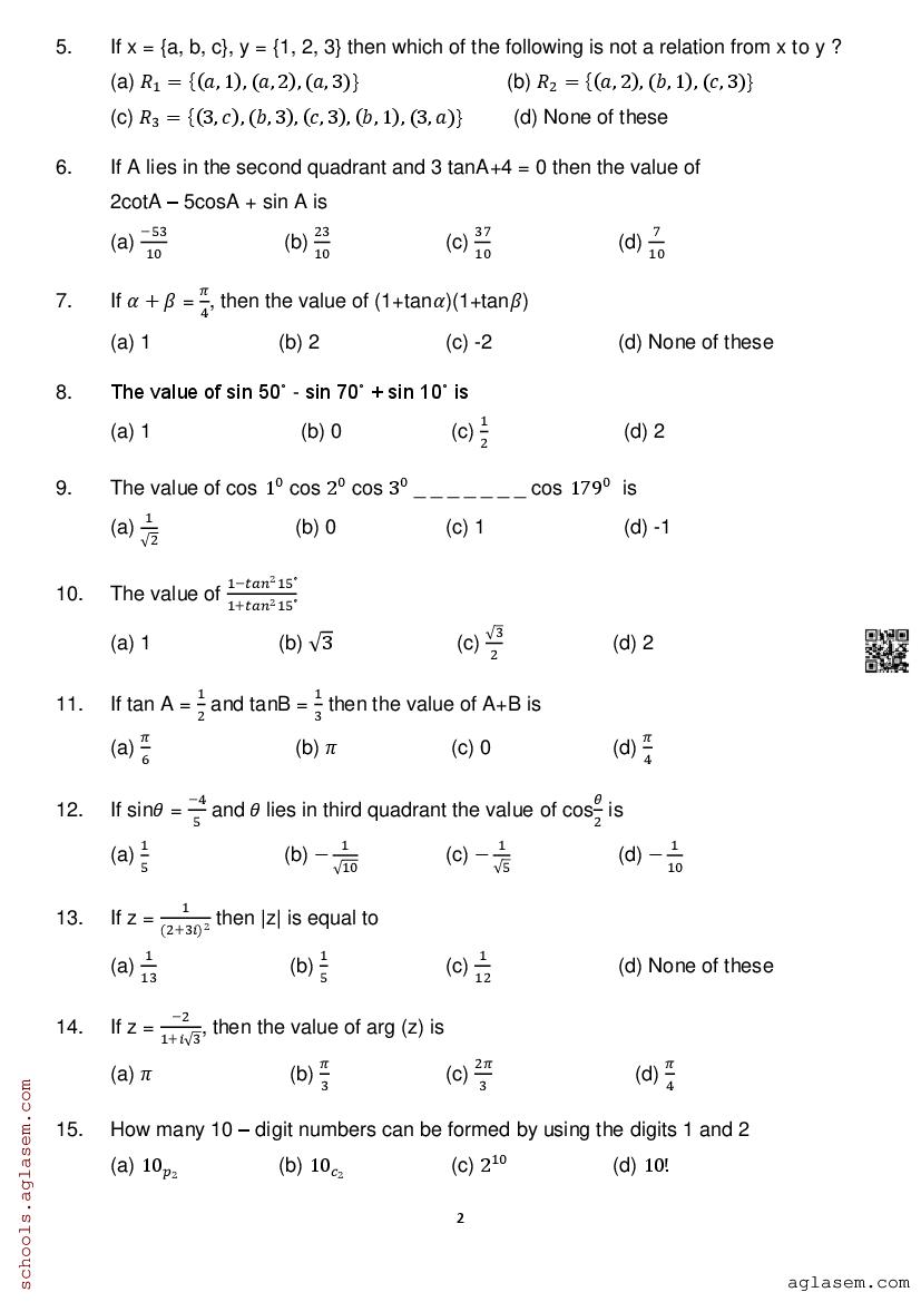 Class 11 Maths Half Yearly Question Paper 2024 | Download 11th Half ...