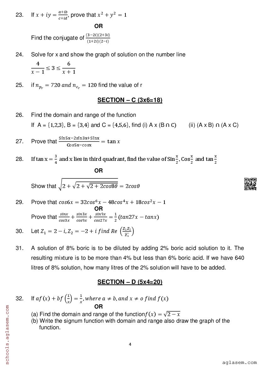 Class 11 Maths Half Yearly Question Paper 2024 | Download 11th Half ...