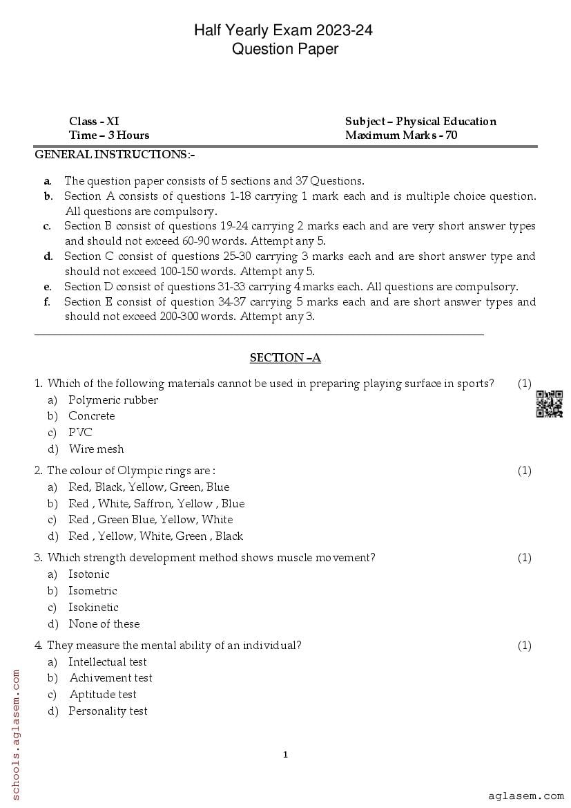 Class 11 Physical Education Half Yearly Question Paper 2024 | Download 11th Half Yearly Physical ...